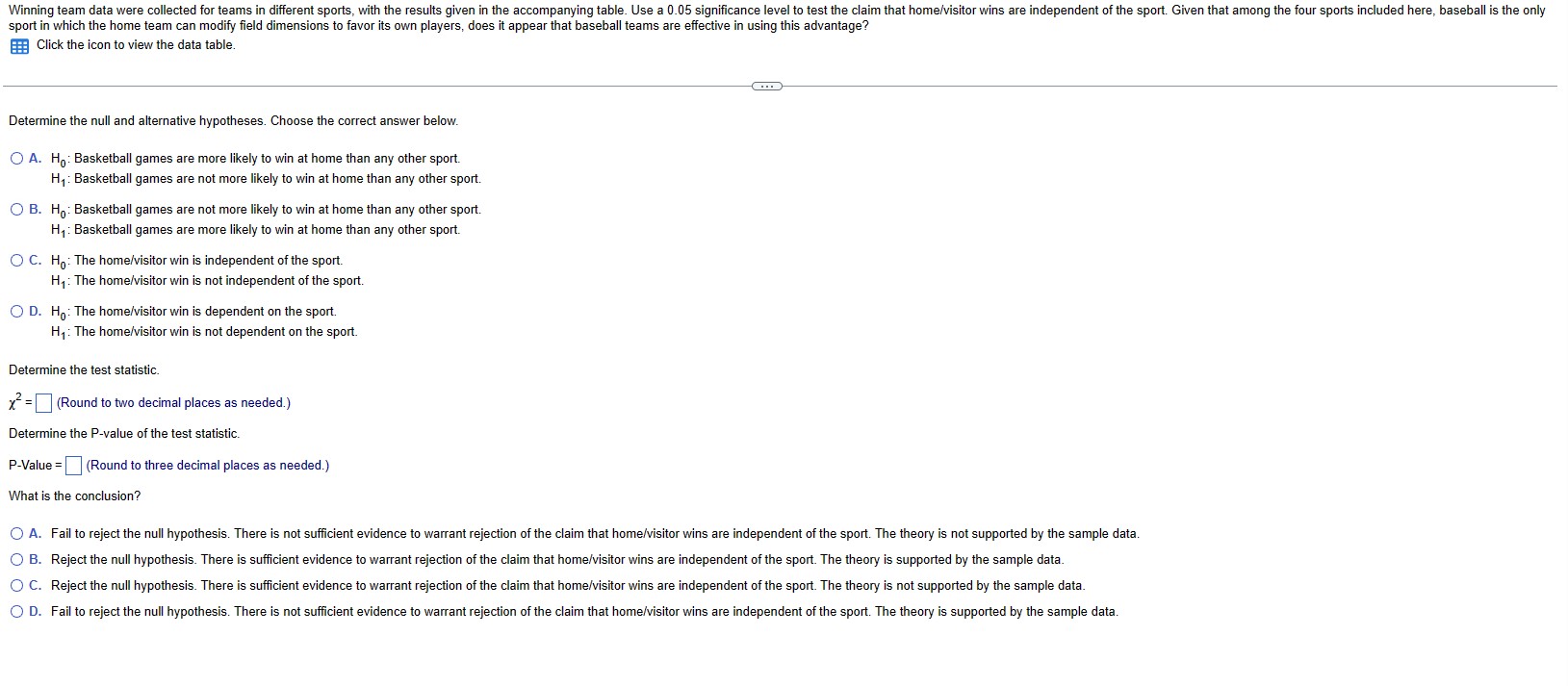 Solved Winning Team and Sports DataDetermine the null and | Chegg.com