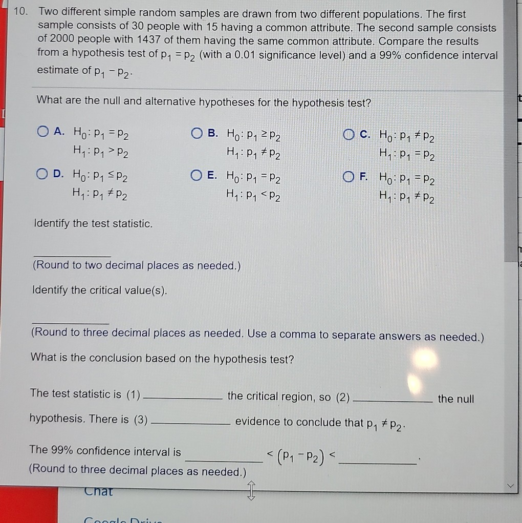 Solved 10. Two different simple random samples are drawn | Chegg.com