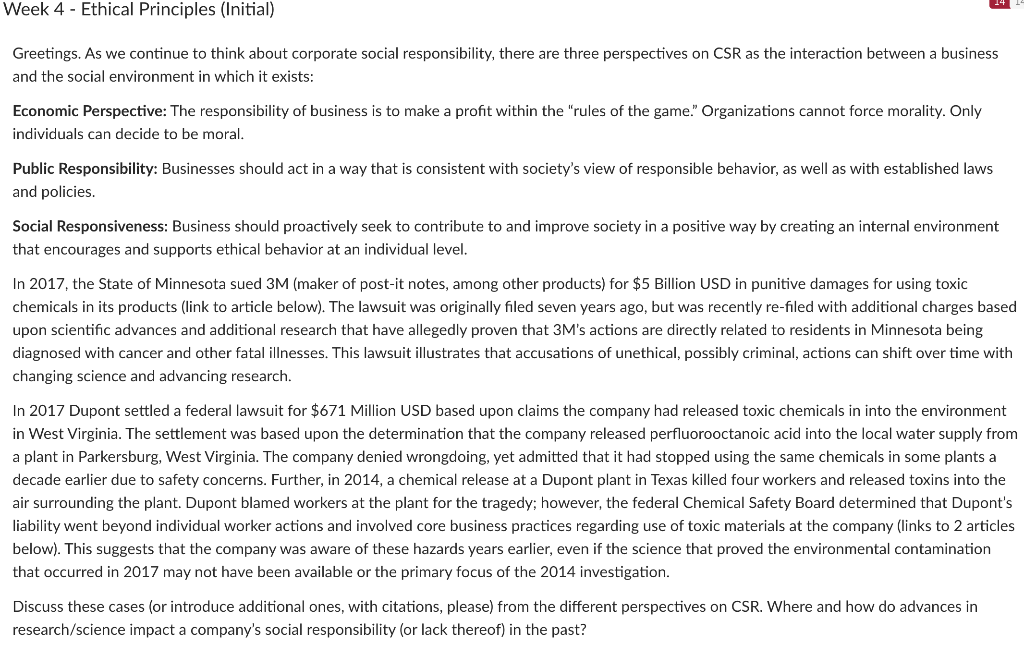 Solved Week 4 - Ethical Principles (Initial) Greetings. As | Chegg.com