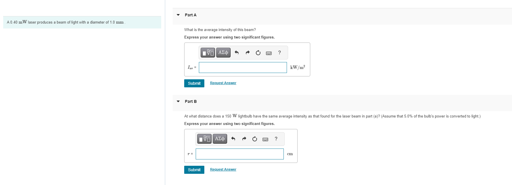 Solved Part AA 0.40 ﻿mW laser produces a beam of light with | Chegg.com