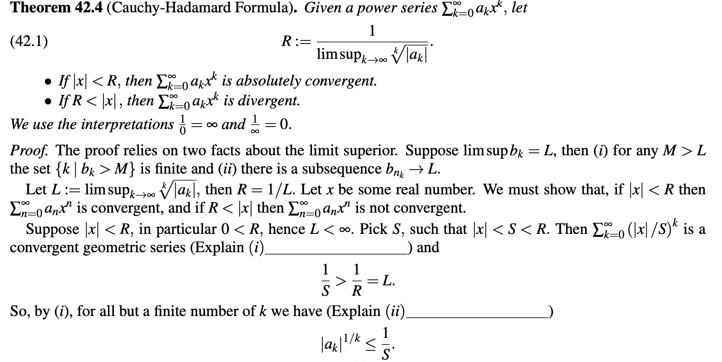 Solved Theorem 42.4 (Cauchy-Hadamard Formula). Given a power | Chegg.com