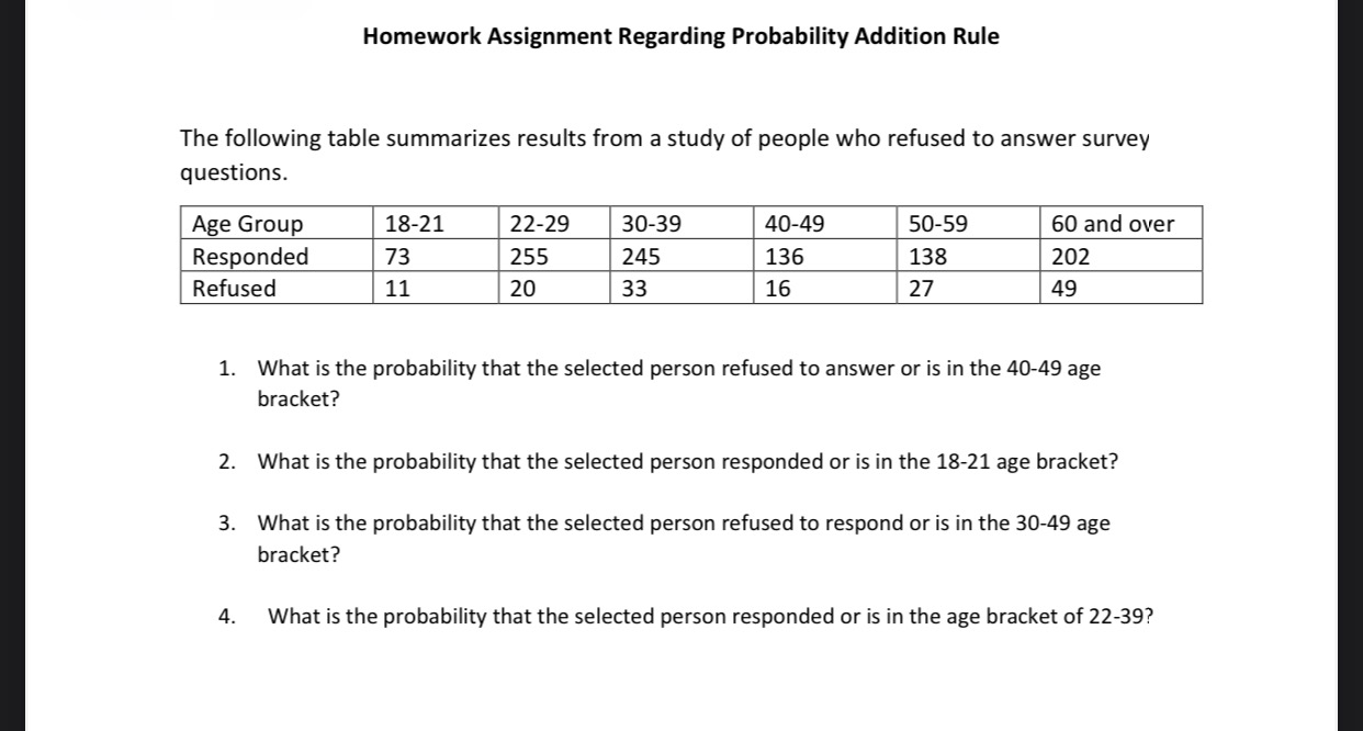 Solved Homework Assignment Regarding Probability Addition | Chegg.com