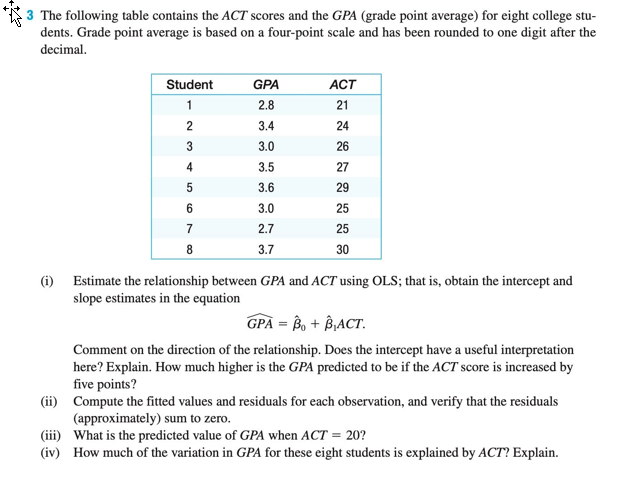 Solved 3 The following table contains the ACT scores and the | Chegg.com