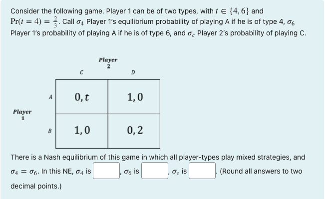 Solved Consider the following game. Player 1 can be of two | Chegg.com
