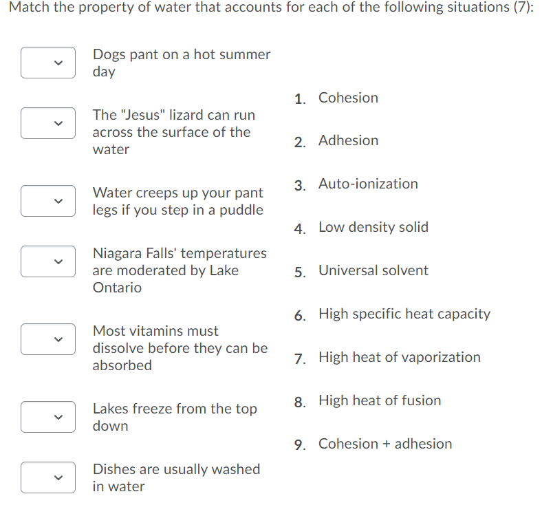 Solved Match the property of water that accounts for each of | Chegg.com