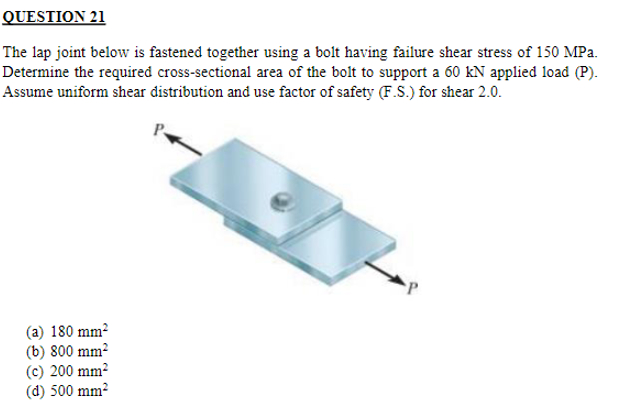 Solved QUESTION 21The lap joint below is fastened together | Chegg.com