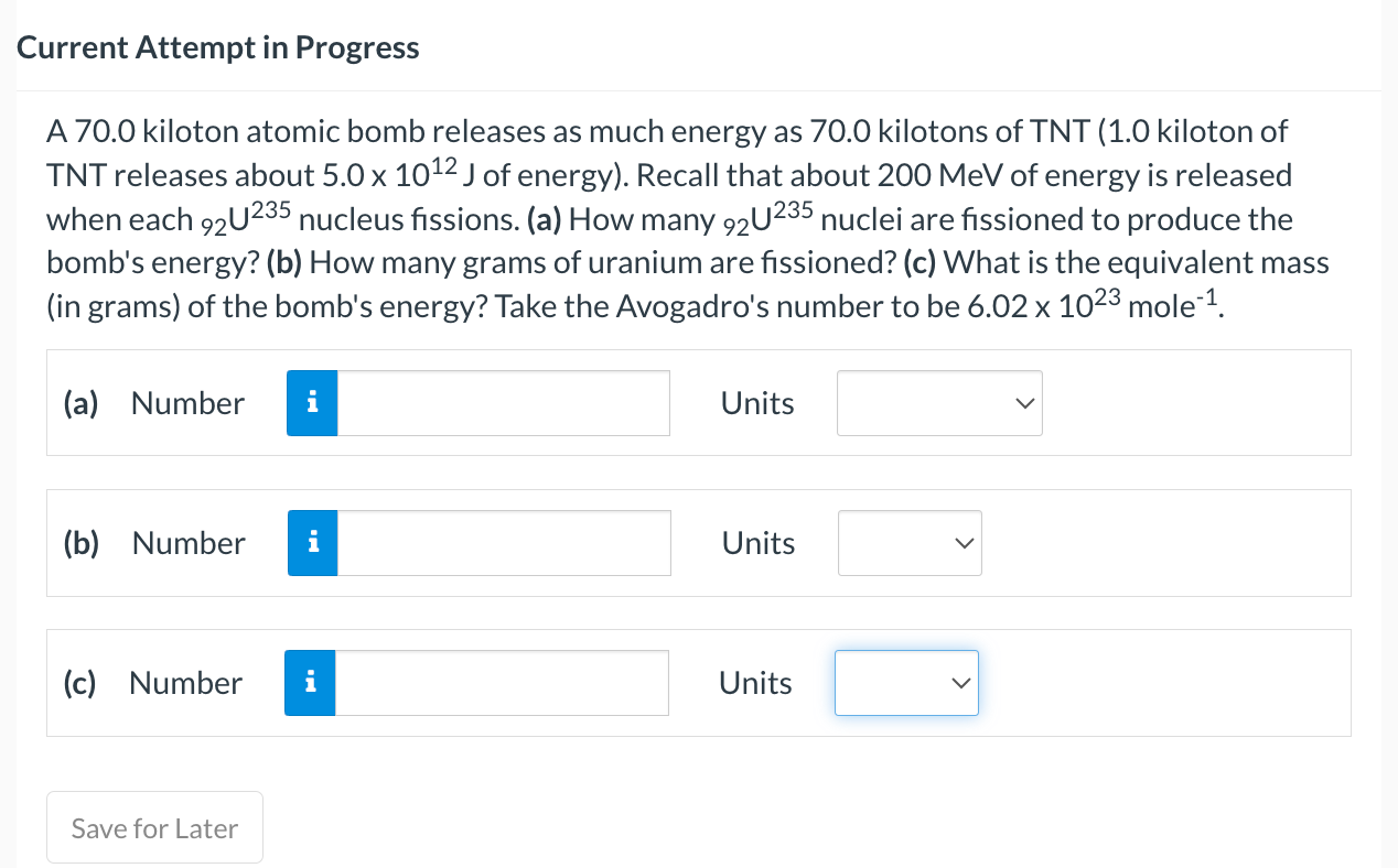 Solved A 70.0 kiloton atomic bomb releases as much energy as | Chegg.com