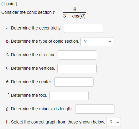 Solved 1 point) consider the conic section r=3−cos(θ)4. a. | Chegg.com