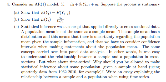 Solved Consider an AR(1) model: Yt=β0+β1Yt−1+ut. Suppose the | Chegg.com