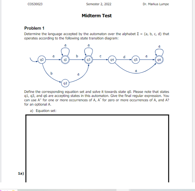 Solved Midterm Test Problem 1 Determine the language | Chegg.com