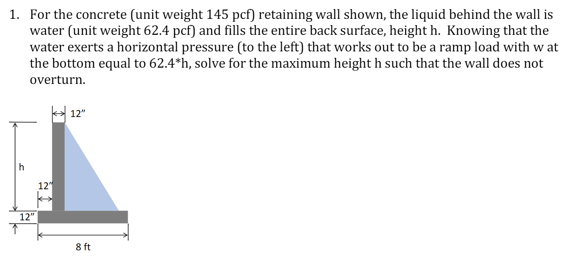 Solved 1. For the concrete (unit weight 145 pcf) retaining | Chegg.com