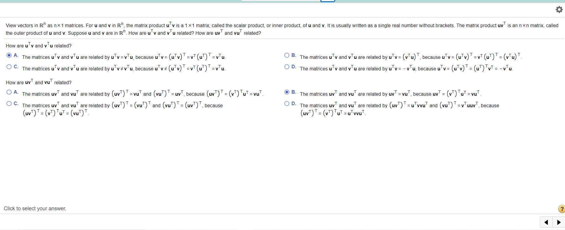 Solved View vectors in R" as nx 1 matrices. For u and vin | Chegg.com