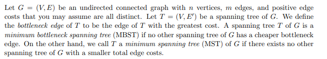 Solved Let G=(V,E) be an undirected connected graph with n | Chegg.com