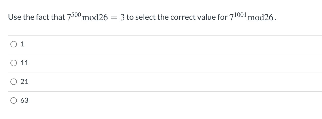 Solved Use the fact that 7500 mod26 = 3 to select the | Chegg.com