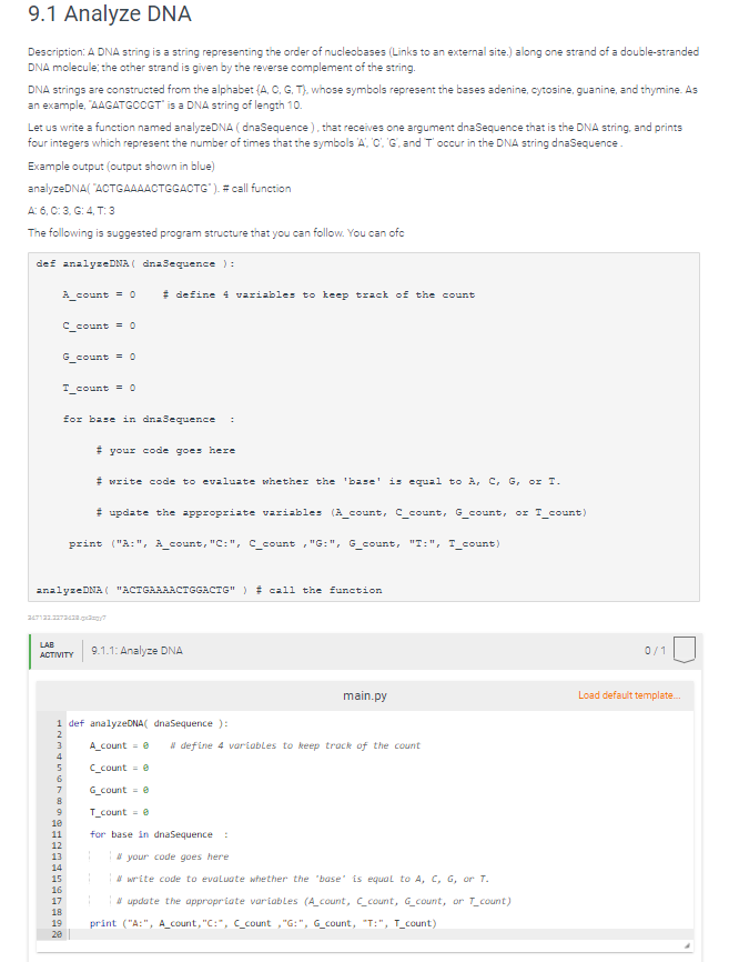 Solved 9.1 Analyze DNA Description: A DNA string is a string | Chegg.com