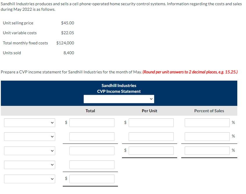 Solved Sandhill Industries produces and sells a cell | Chegg.com