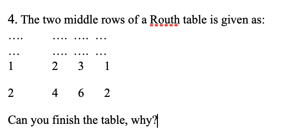 Solved 4. The two middle rows of a Routh table is given as: | Chegg.com