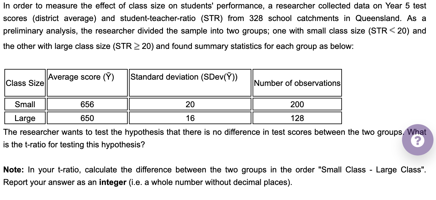 Solved In order to measure the effect of class size on | Chegg.com