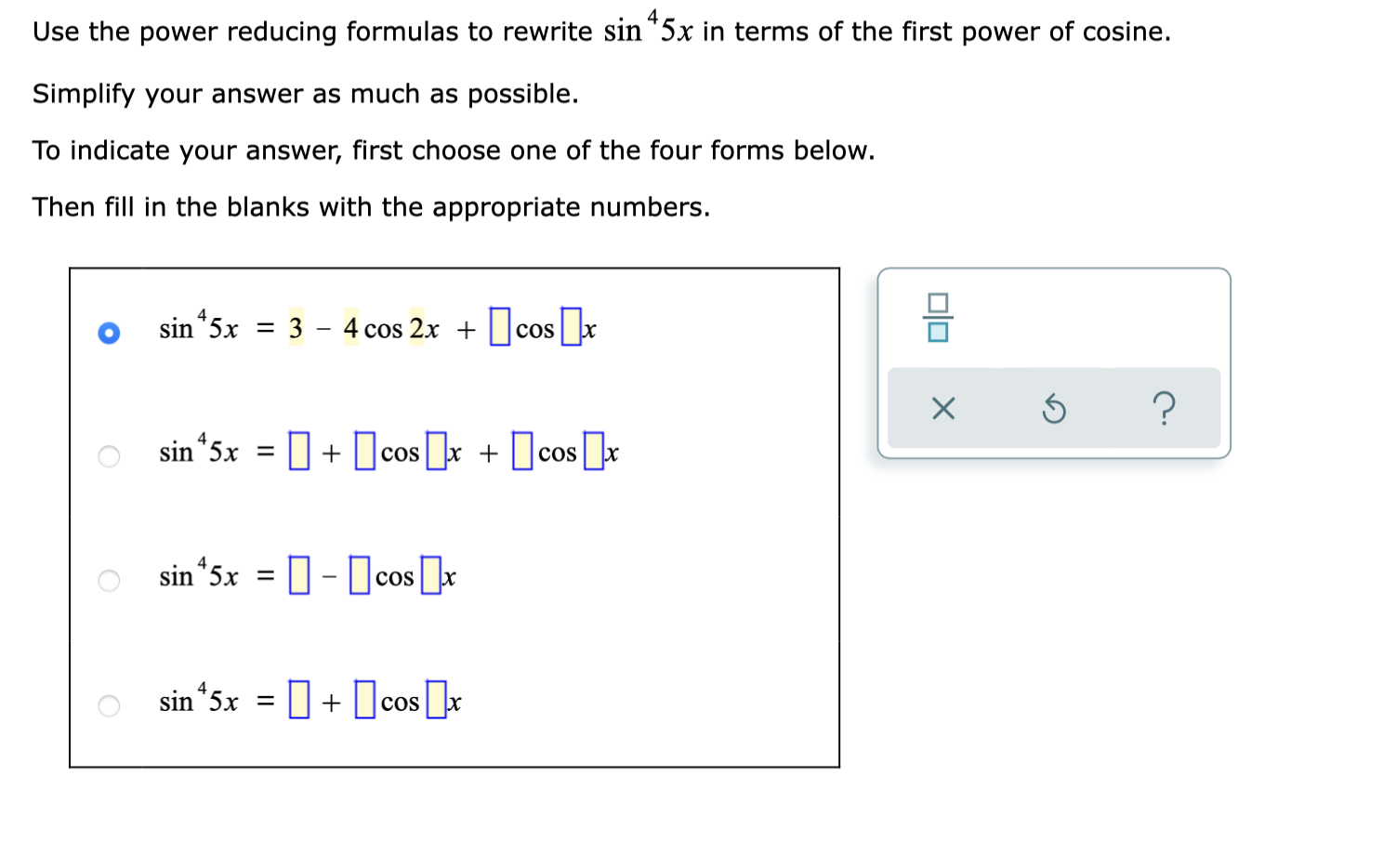 Solved Use the power reducing formulas to rewrite sin 45x in | Chegg.com