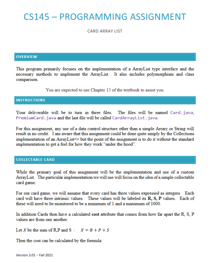 Solved CS145 - PROGRAMMING ASSIGNMENT – CARD ARRAY LIST | Chegg.com