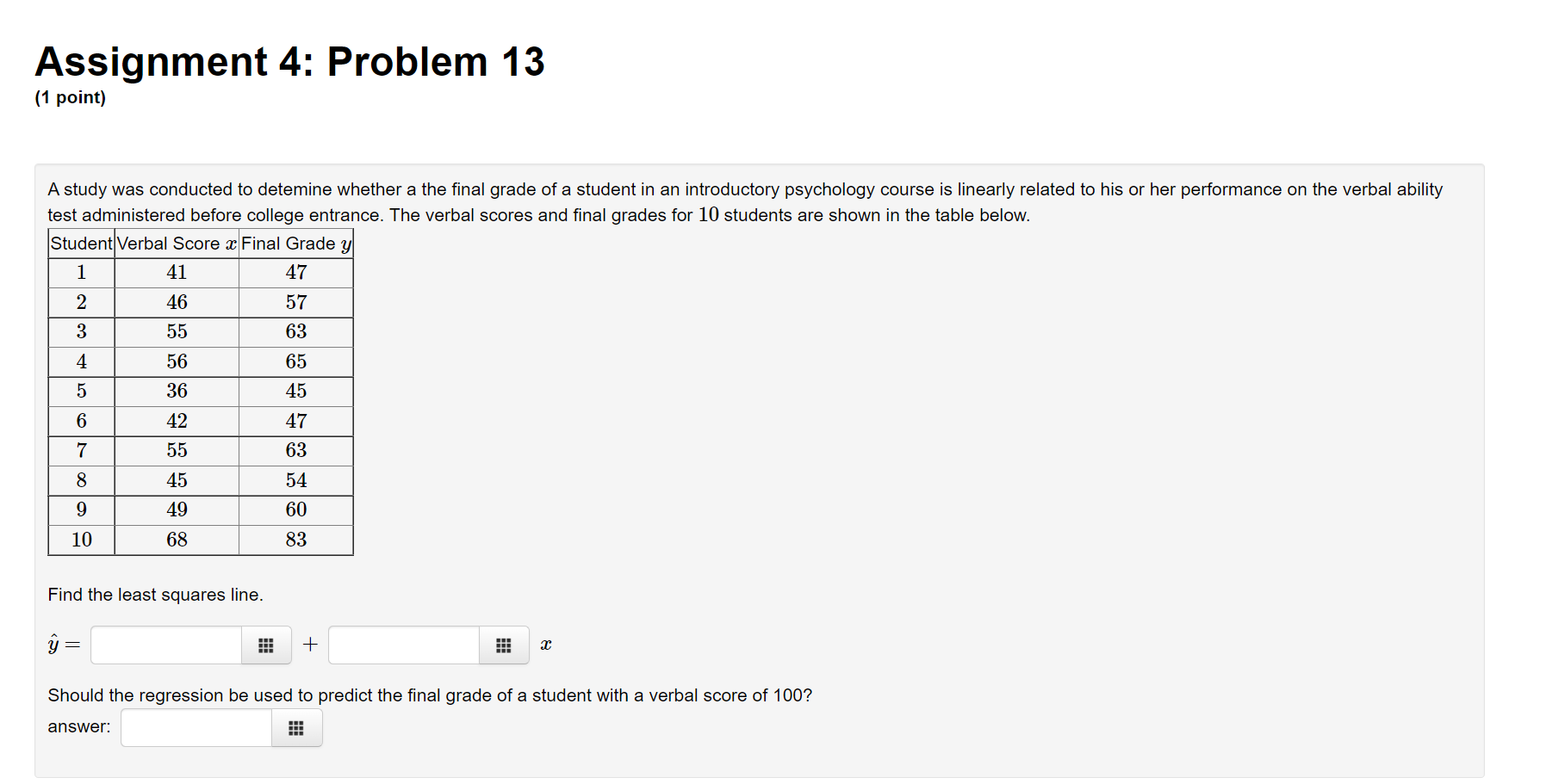 Solved Assignment 4: Problem 13 (1 point) A study was | Chegg.com