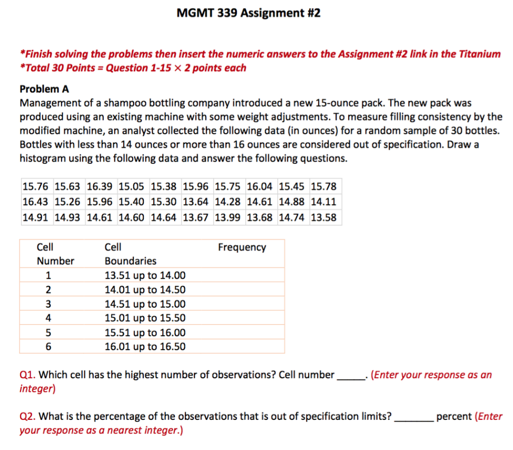 Solved MGMT 339 Assignment #2 "Finish solving the problems | Chegg.com