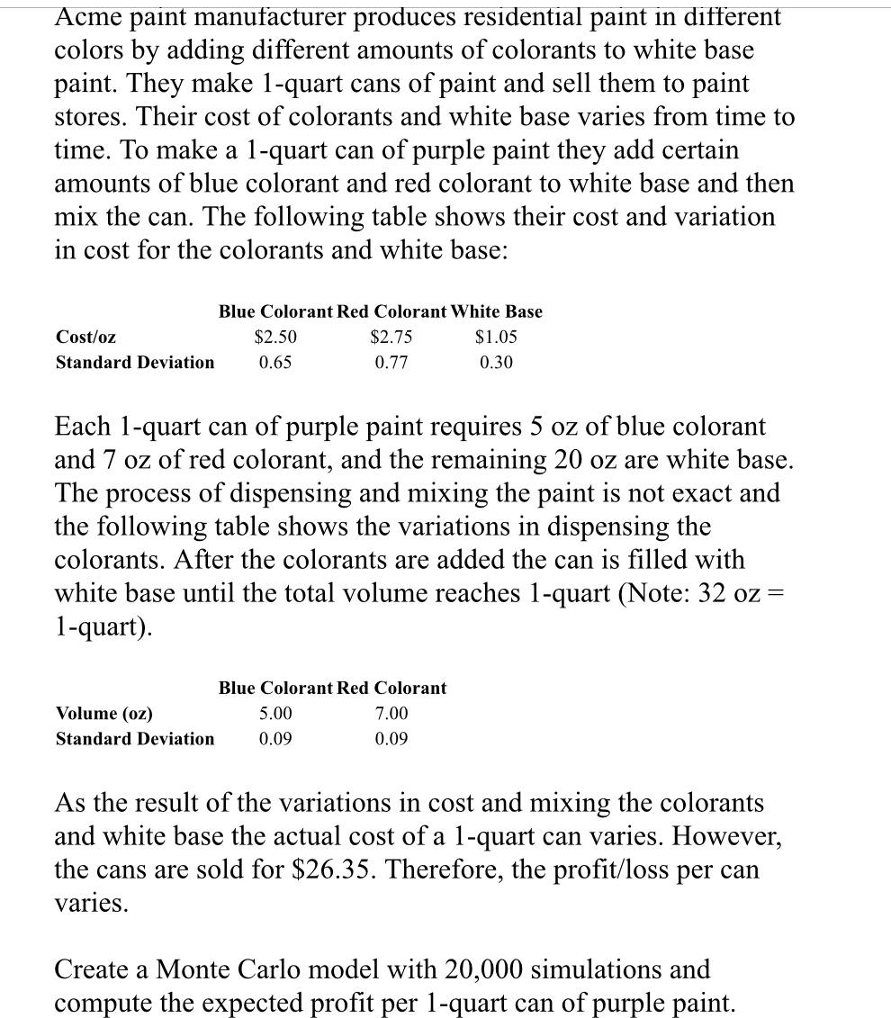 Acme paint manufacturer produces residential paint in | Chegg.com