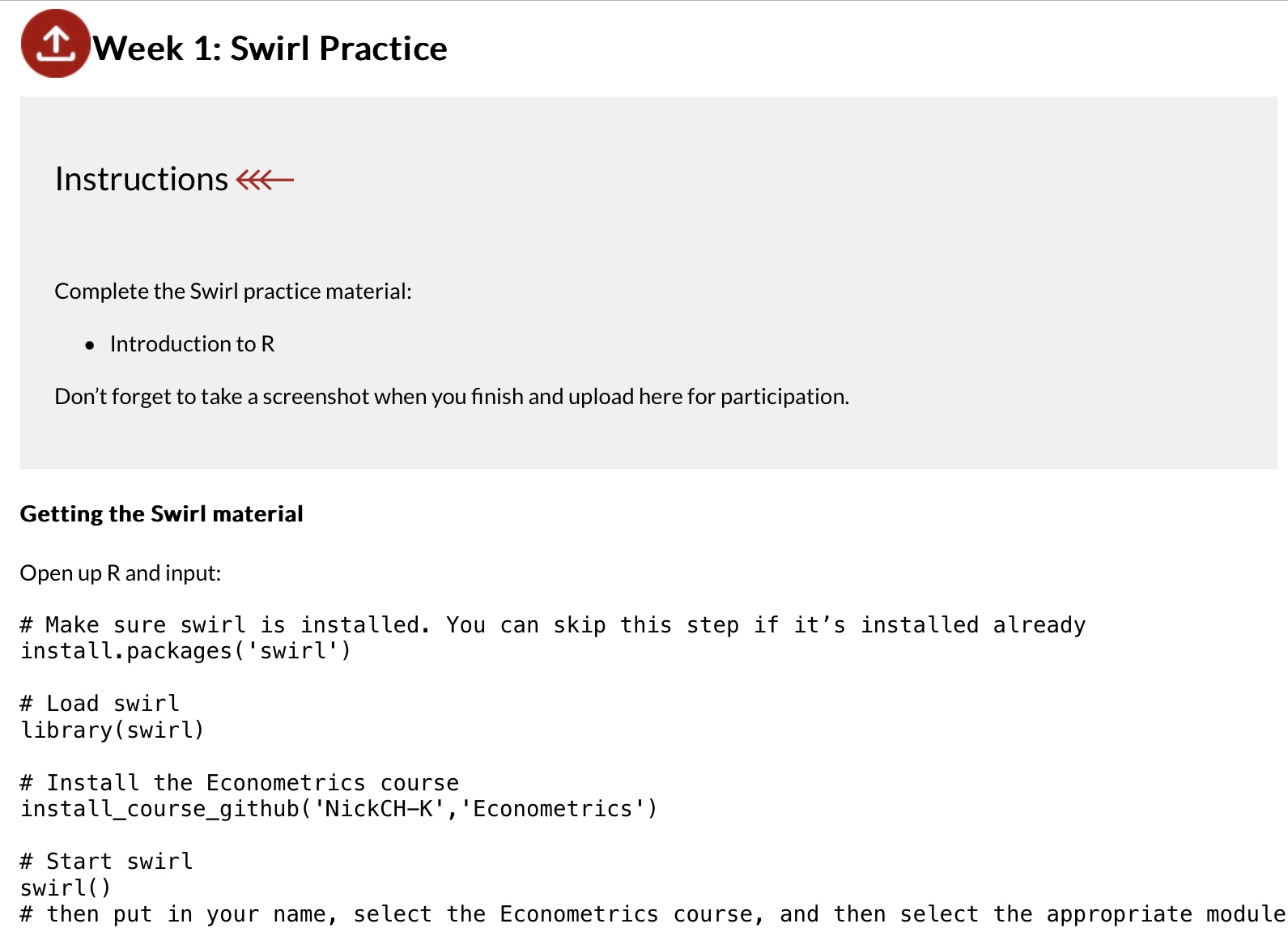 TWeek 1: Swirl Practice\\nInstructions ⊮\\nComplete | Chegg.com