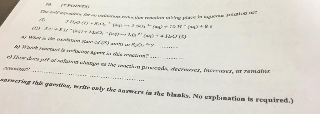 Solved The half-equations for an oxidation-reduction | Chegg.com
