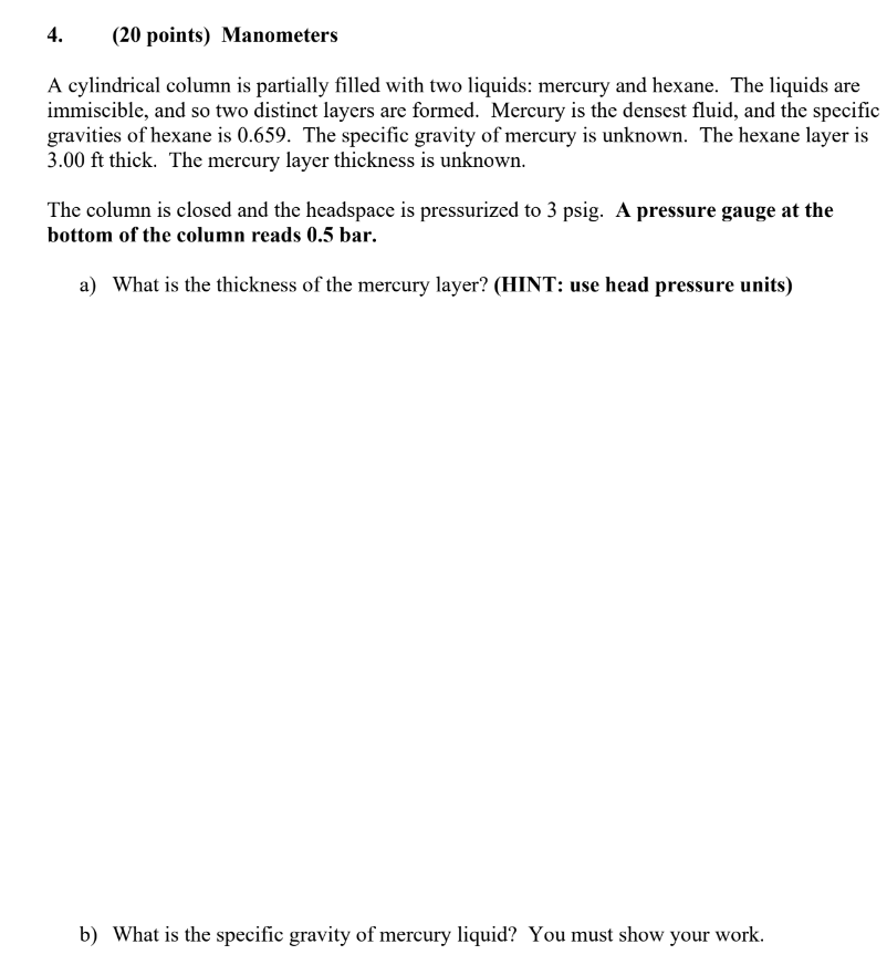 Solved 4. (20 points) Manometers A cylindrical column is | Chegg.com