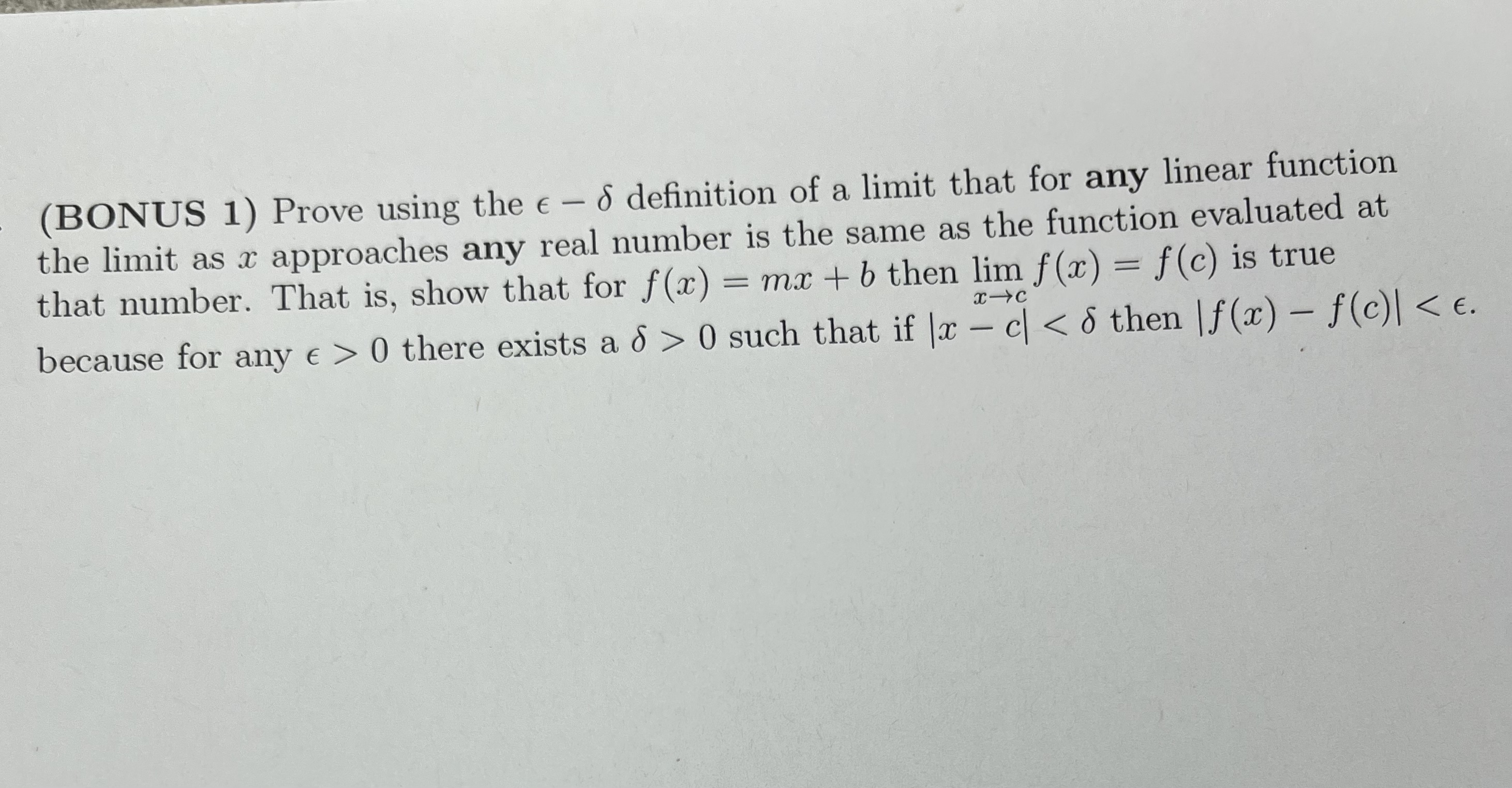 Solved (BONUS 1) Prove using the ϵ−δ definition of a limit | Chegg.com
