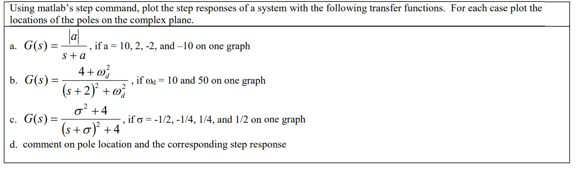 Solved Using matlab’s step command, plot the step responses | Chegg.com