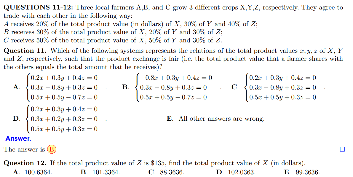 Solved QUESTIONS 11-12: Three local farmers A,B, and C grow | Chegg.com