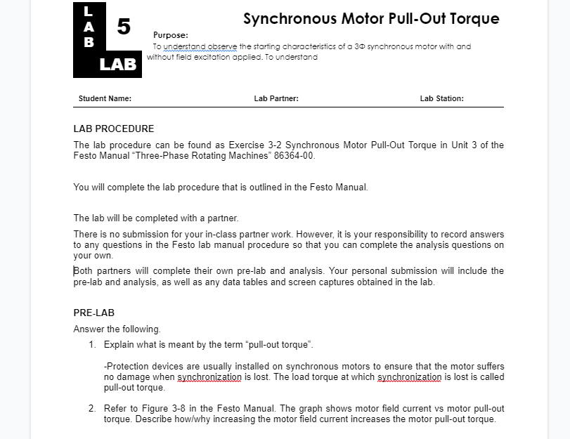 Solved Synchronous Motor Pull-Out Torque Purpose: To | Chegg.com