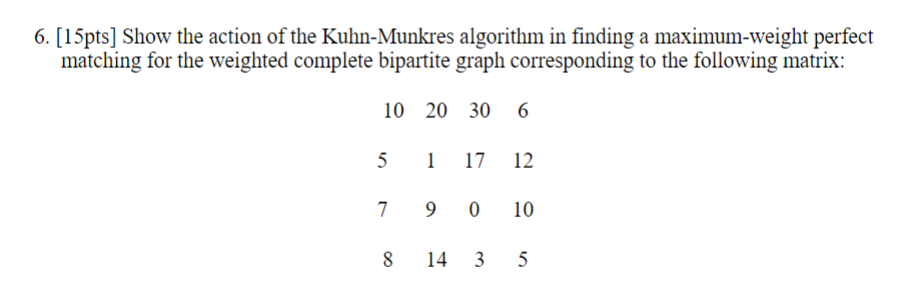 Solved 6. [15pts] Show the action of the Kuhn-Munkres | Chegg.com