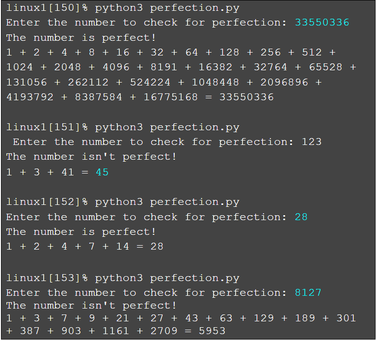 Solved linux1[150] $ python3 perfection.py Enter the number | Chegg.com