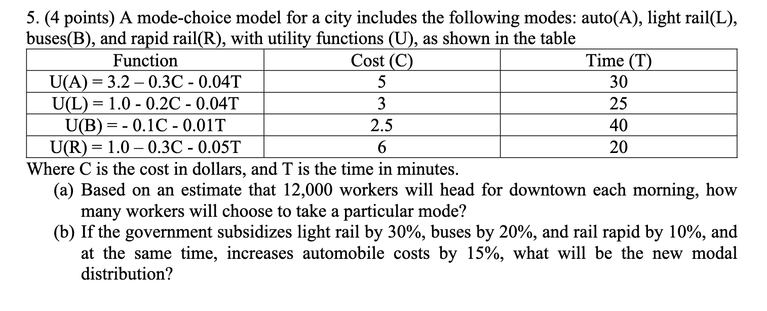 Solved 30 = 5. (4 points) A mode-choice model for a city | Chegg.com
