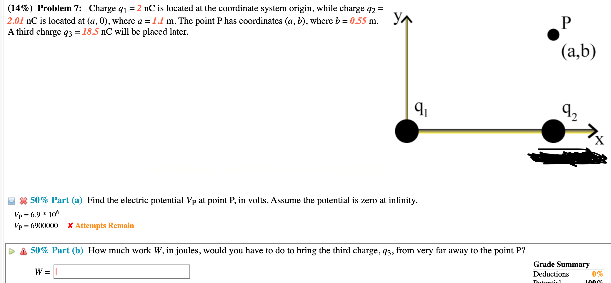 Solved (14\%) Problem 7: Charge q1=2nC is located at the | Chegg.com