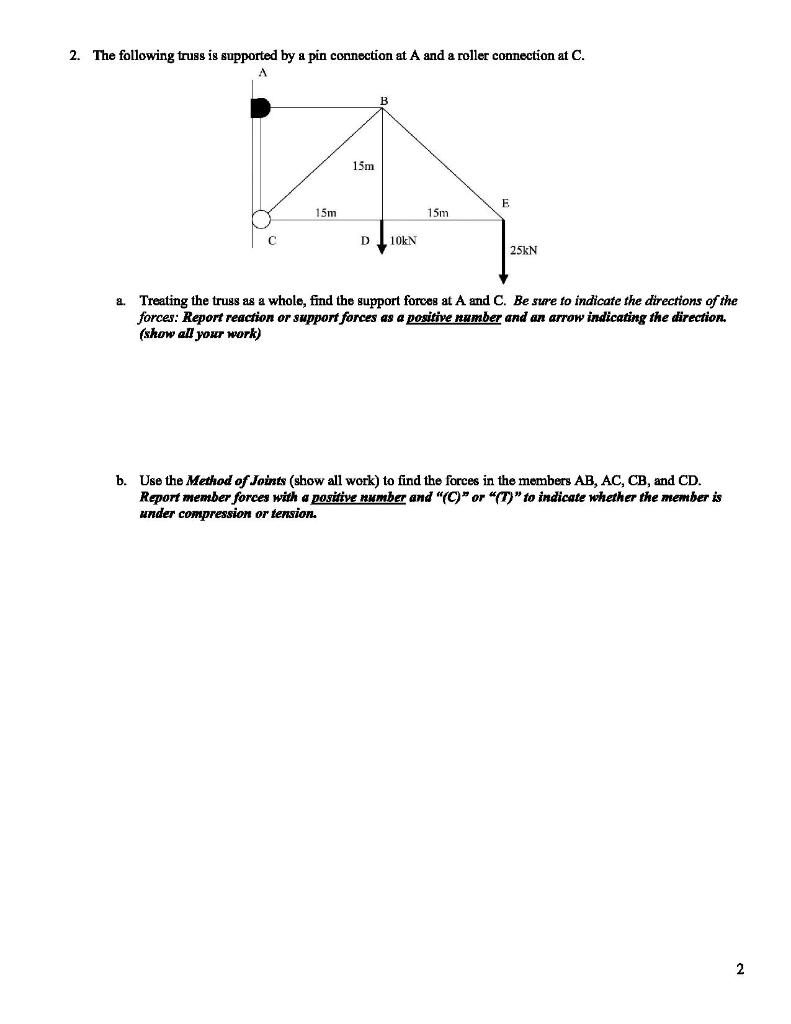 Solved 2. The following truss is supported by a pin | Chegg.com