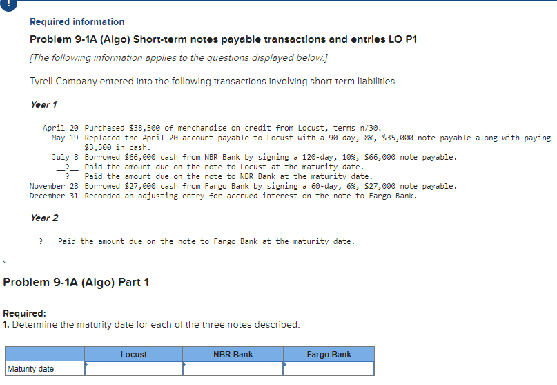 Solved Required information Problem 9-1A (Algo) Short-term | Chegg.com