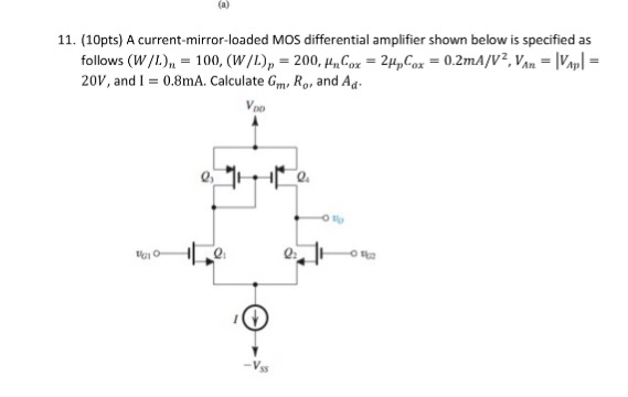Solved A current-mirror-loaded MOS differential amplifier | Chegg.com