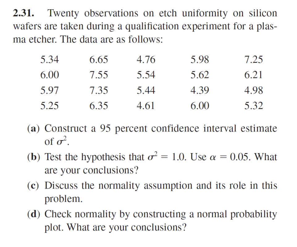 Solved 2.31. Twenty observations on etch uniformity on | Chegg.com