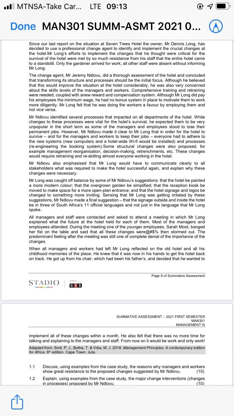 Solved .. MTNSA-Take Car... LTE 09:13 Done MAN301 SUMM-ASMT | Chegg.com