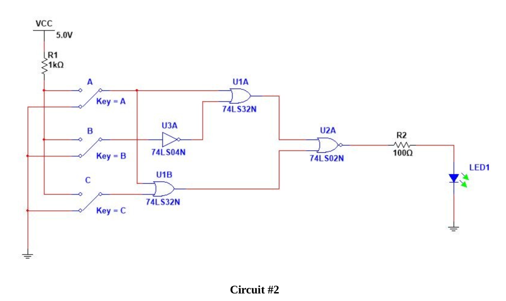 Solved VCC -5.0V R1 1kQ U1A Key A 74LS32N U3A U2A R2 74LS04N | Chegg.com
