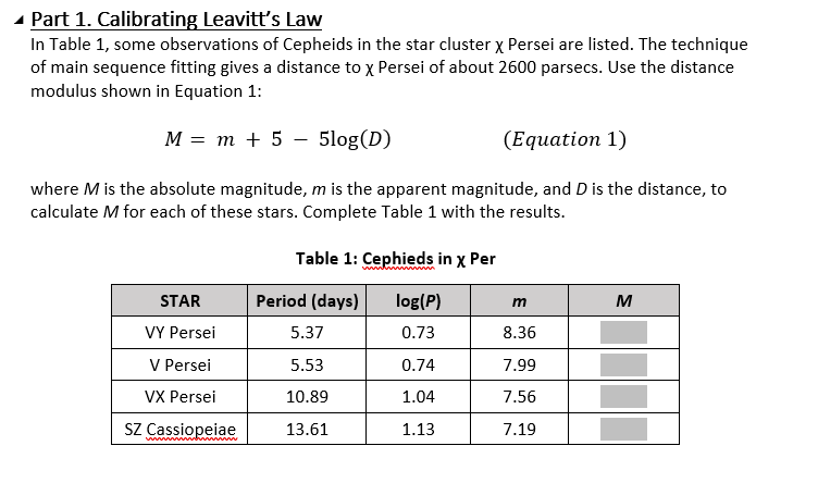 Solved Part 1. Calibrating Leavitt's Law In Table 1, some | Chegg.com