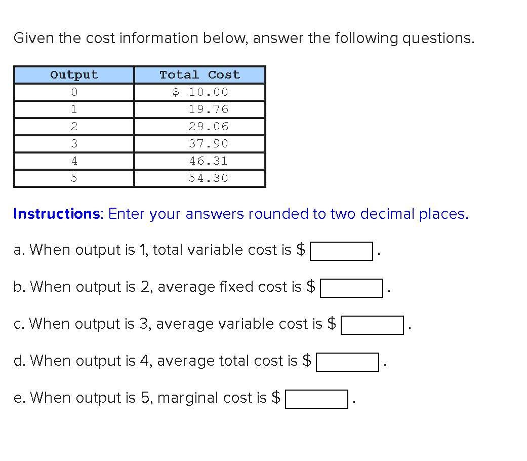Solved Given the cost information below, answer the | Chegg.com