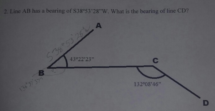 Solved 2. Line AB has a bearing of S38°53'28"W. What is the | Chegg.com