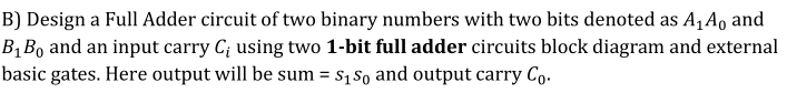 Solved B) Design a Full Adder circuit of two binary numbers | Chegg.com
