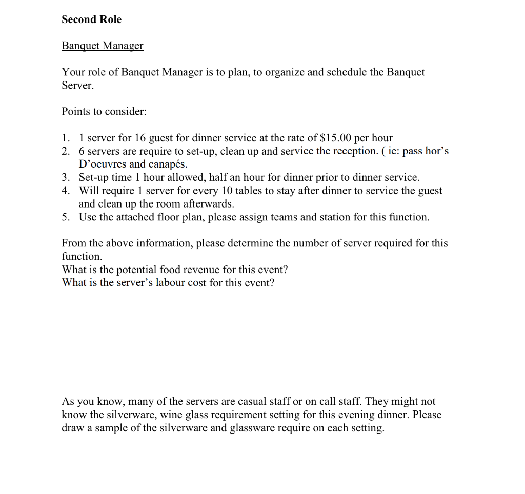 Second Role Banquet Manager Your role of Banquet | Chegg.com