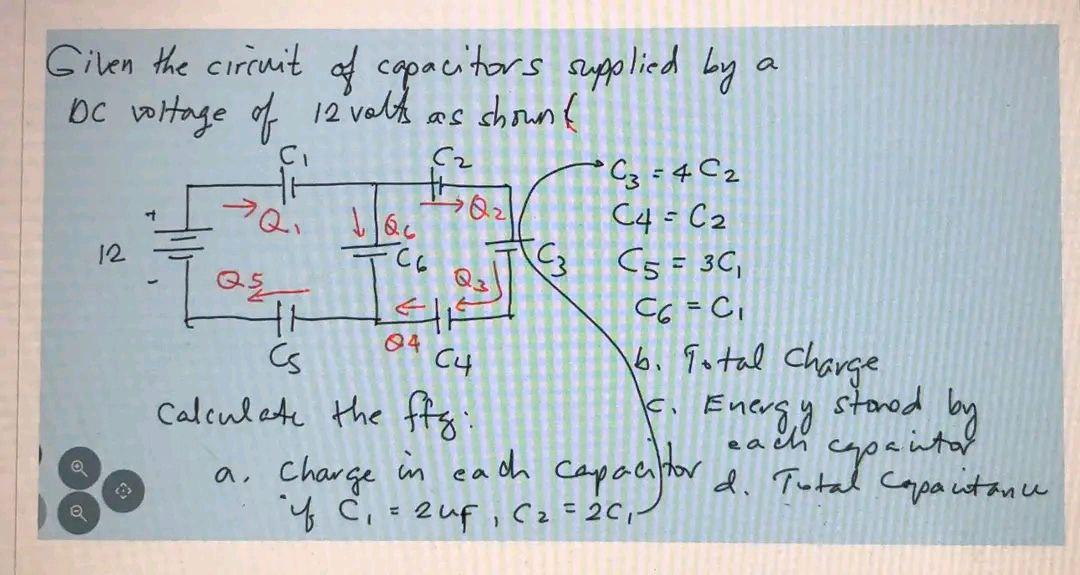 Solved Given the circuit of capacitors supplied by a DC | Chegg.com